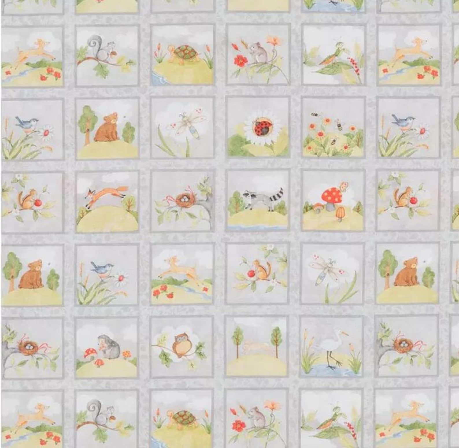 Woodland Nursery Cotton Fabric, Animals and Plants Blocks, Quilting ...