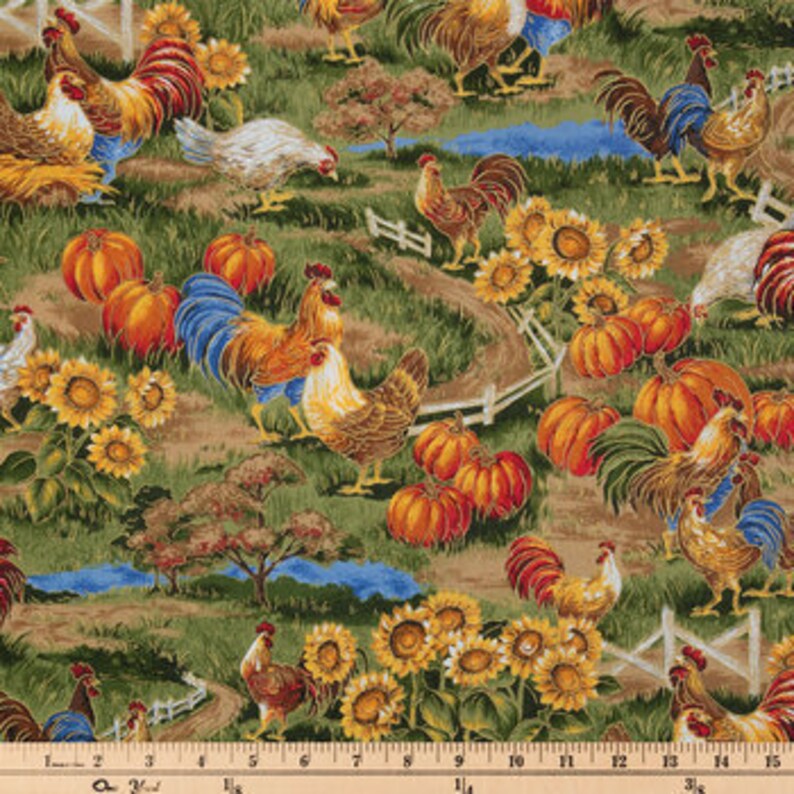 Farm Scenic Cotton Calico Roosters Fabric 100% Cotton - Etsy