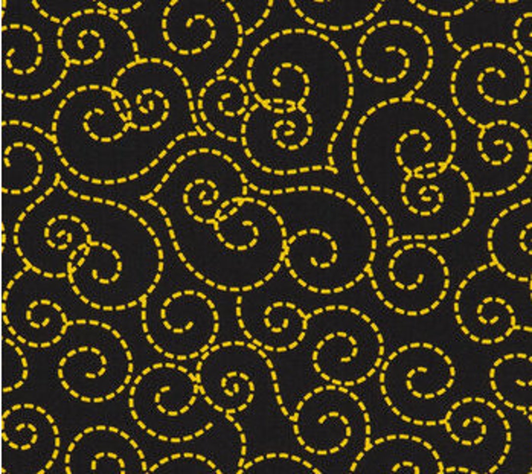Black & Yellow Swirls Dotted Cotton Fabric, Quilting Apparel, Whirly ...
