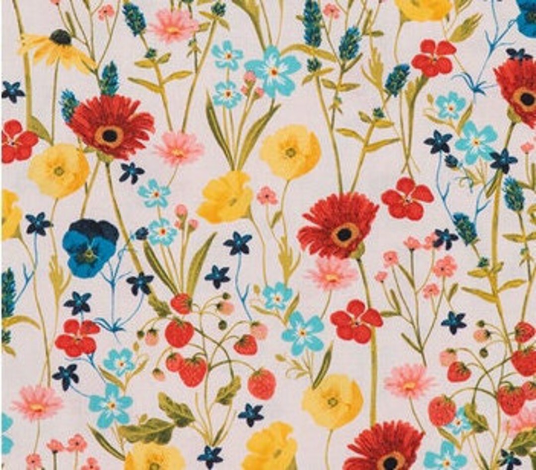 Floral Cotton Calico Fabric, Watercolor Strawberry Flowers, Quilting ...