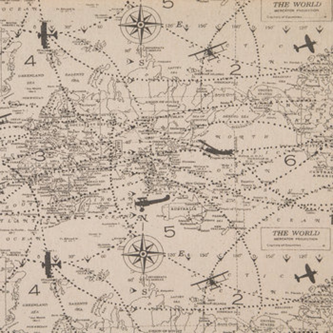 Natural Air Traffic Printed Fabric World Map 100% Cotton - Etsy