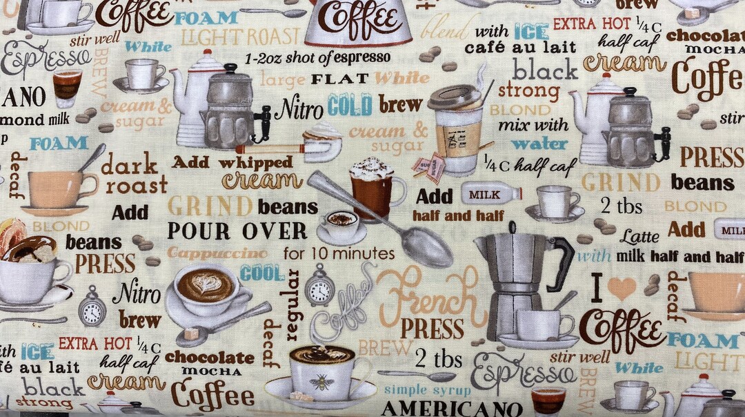 Coffee House Fabric, Café & Espresso, 100% Cotton, Kitchen Accents ...
