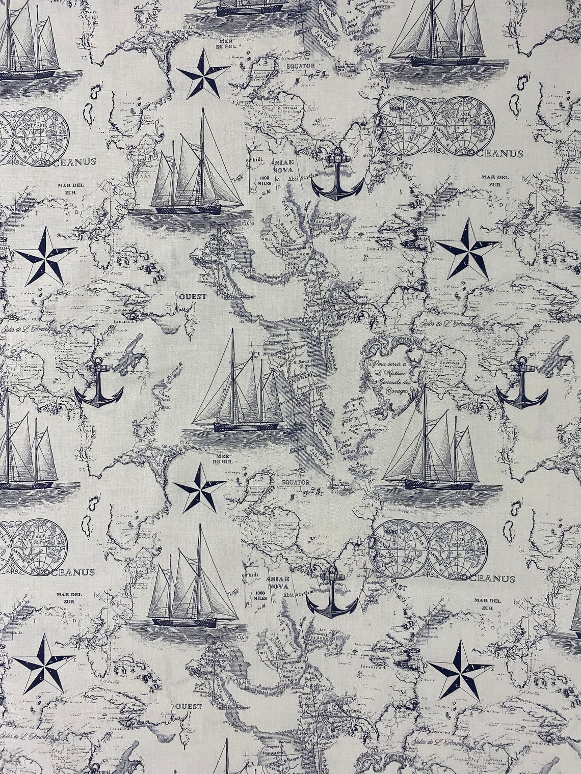 White & Navy Nautical Map Cotton Calico Fabric, World Print, Quilting ...