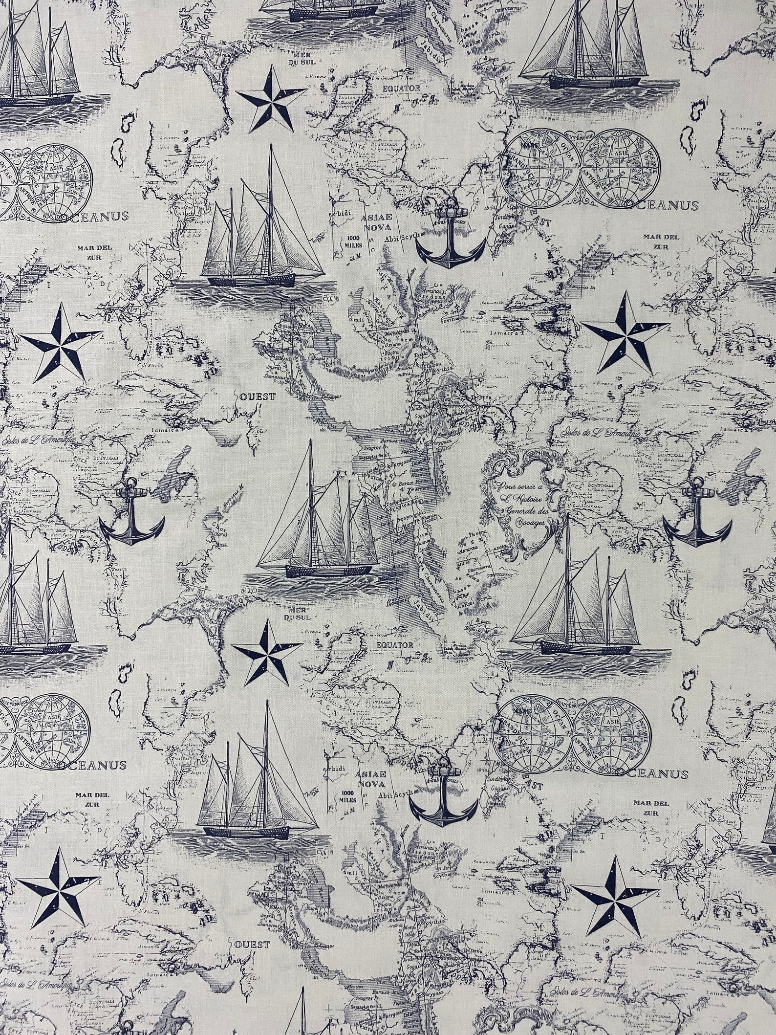 White & Navy Nautical Map Cotton Calico Fabric, World Print, Quilting ...