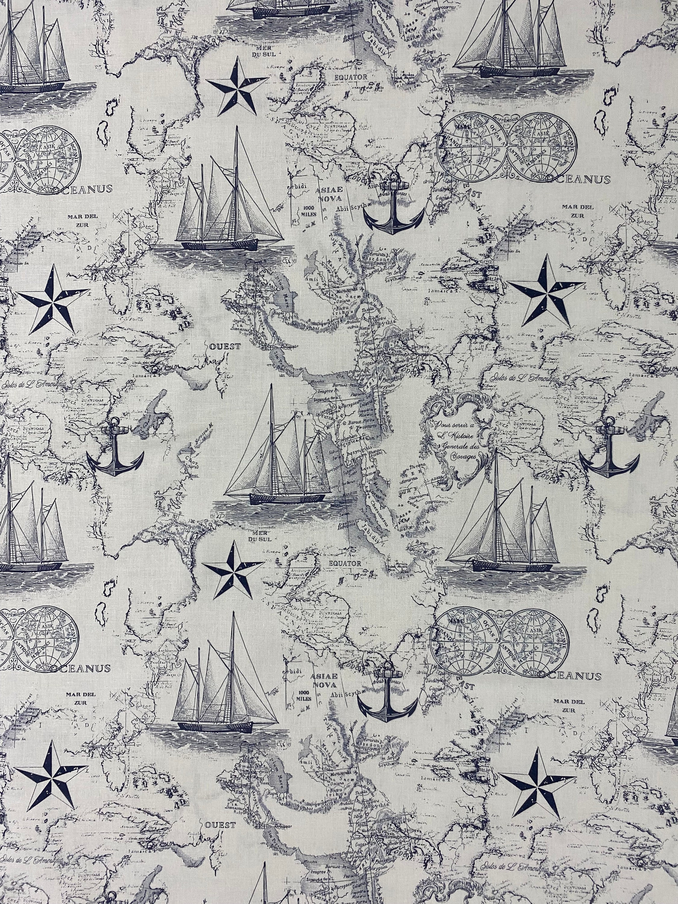 White & Navy Nautical Map Fabric, Old World Map Fabric, 100% Cotton ...