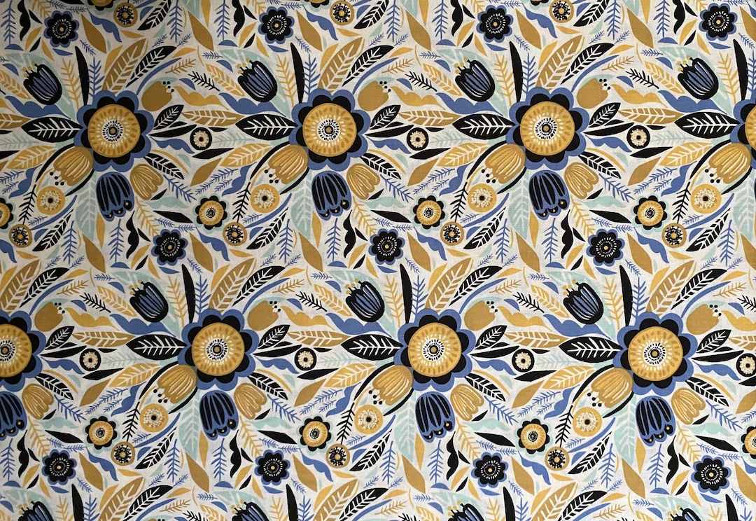 Mustard & Blue Floral Fabric, Flowers Fabric, 100% Cotton, Apparel ...