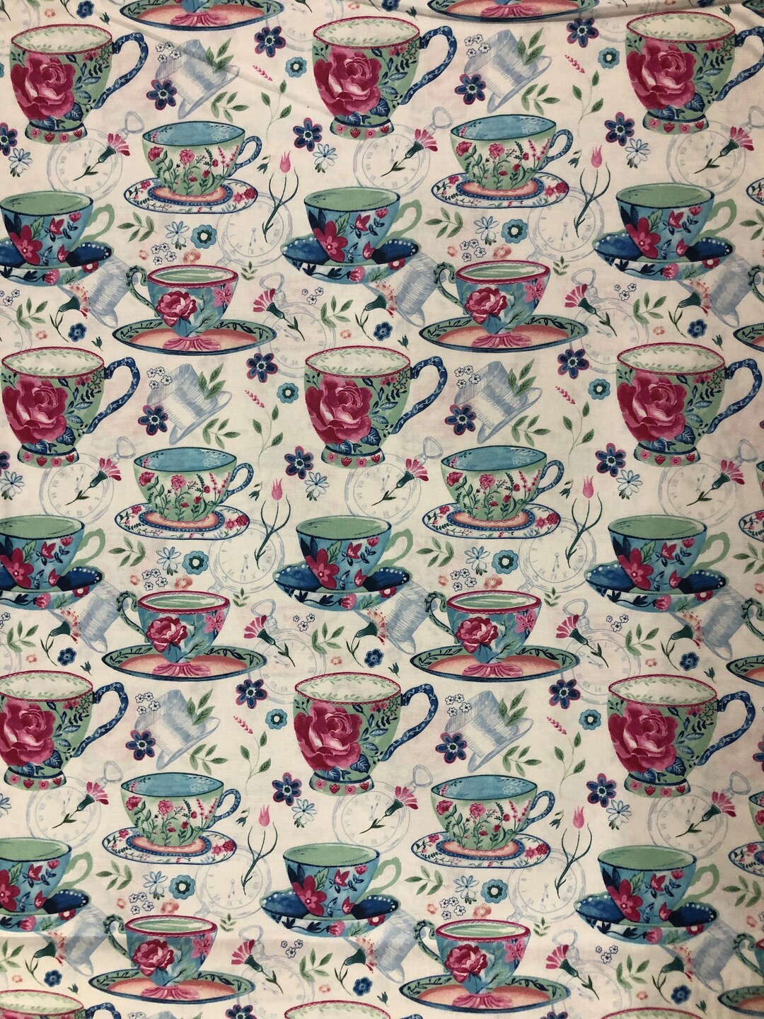 Floral Teacups Fabric, Tea Time Fabric, 100% Cotton, Accessories Fabric ...