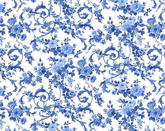 Blue & White Porcelain Rose Scroll Fabric, Floral Fabric, 100% Cotton ...