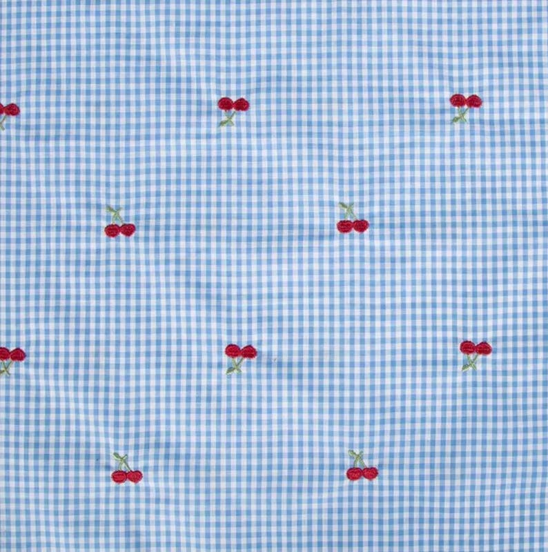 Embroidered Cherries Gingham Fabric, Blue & White Check, Cotton ...