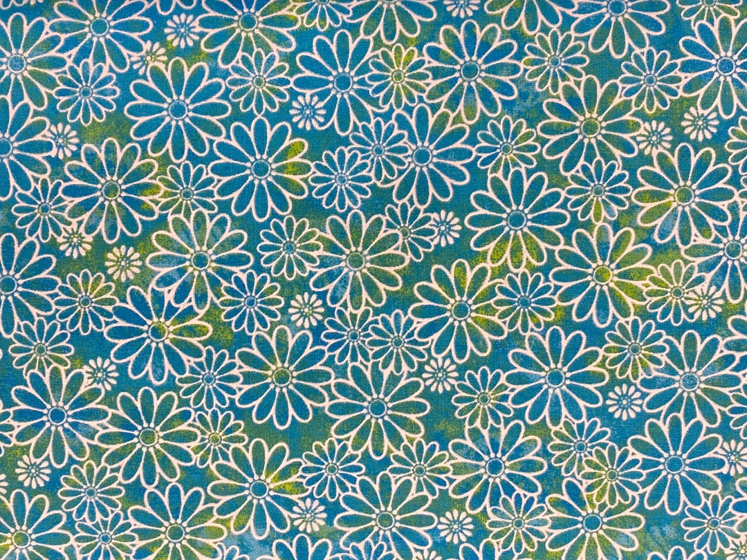 Aqua Daisy Calico Fabric, Green Botanical Garden Cotton, Quilting ...