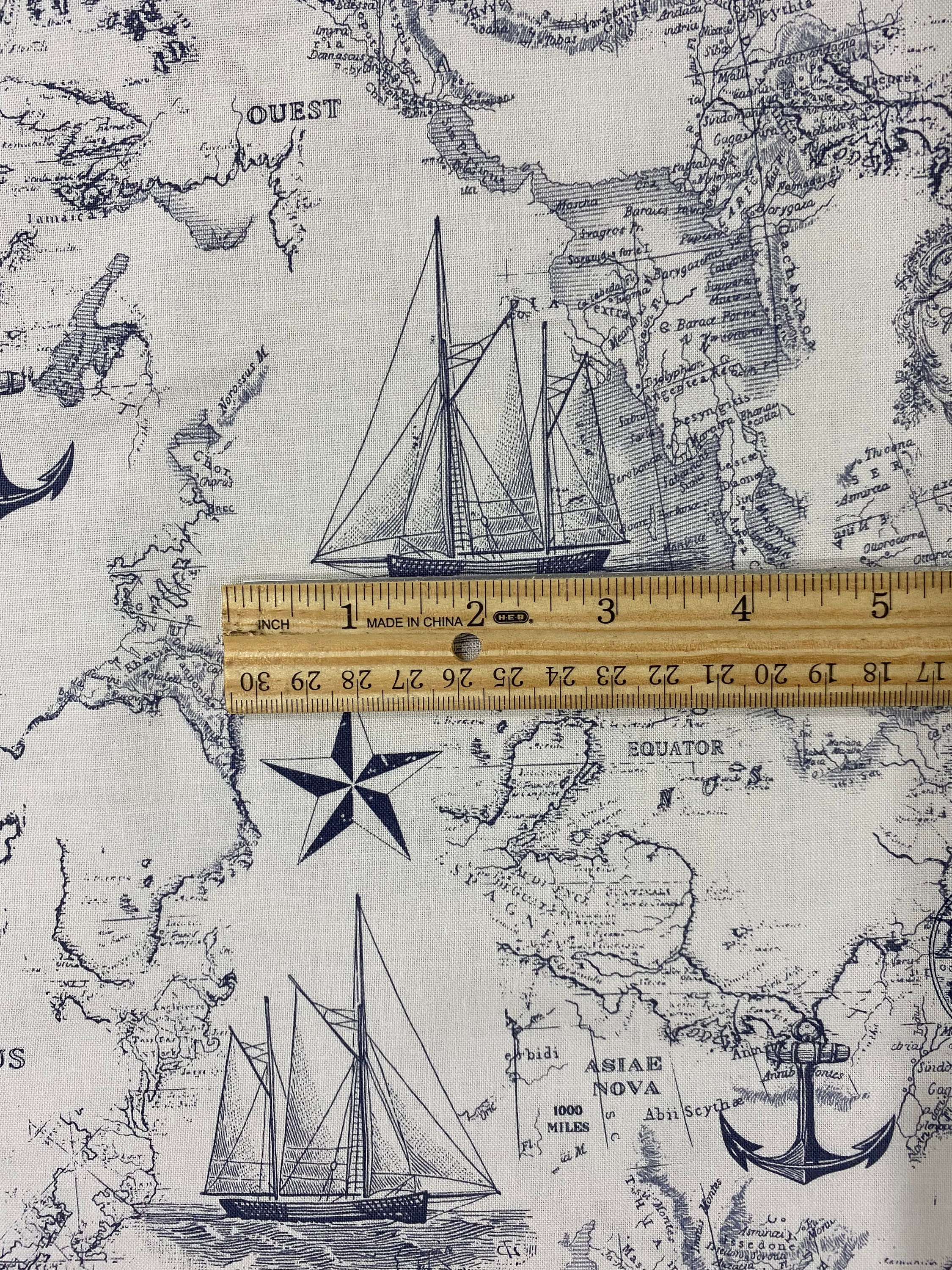 White & Navy Nautical Map Fabric, Old World Map Fabric, 100% Cotton ...