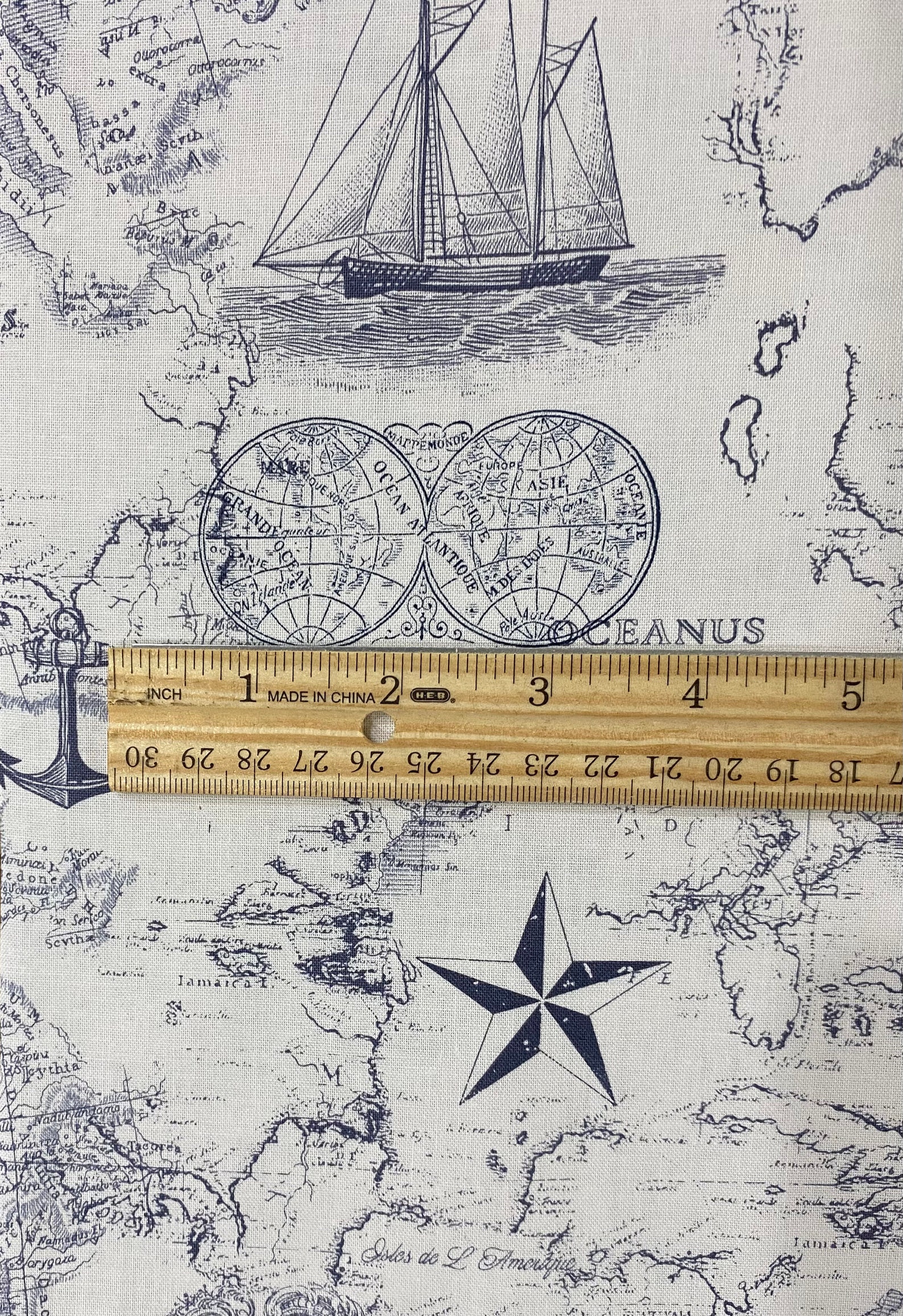 White & Navy Nautical Map Cotton Calico Fabric, World Print, Quilting ...