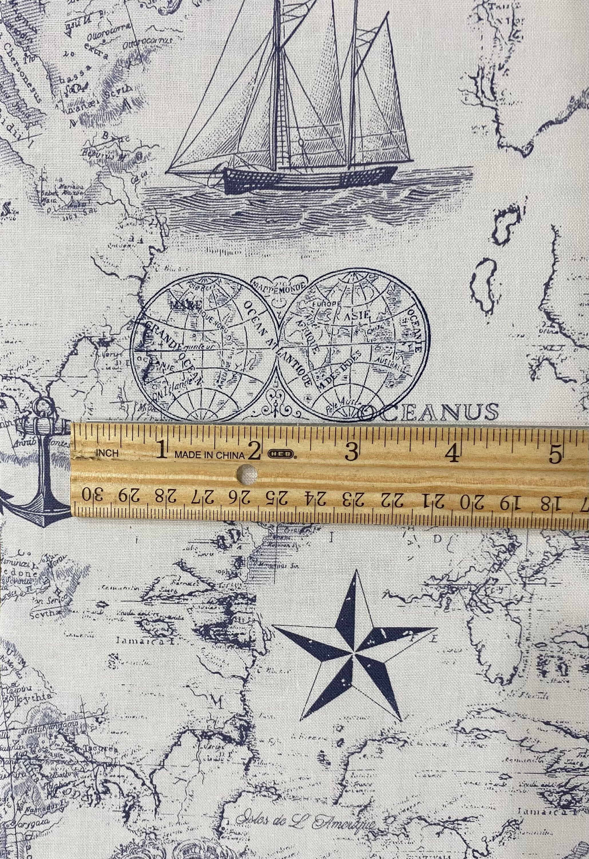 White & Navy Nautical Map Fabric, Old World Map Fabric, 100% Cotton ...
