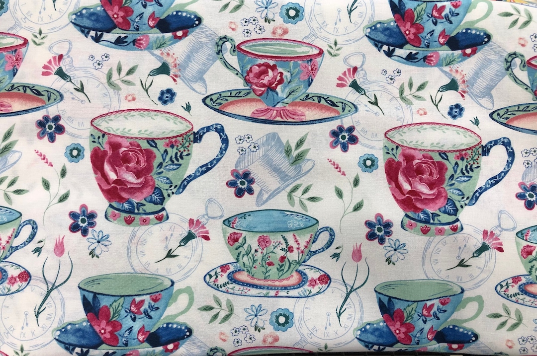 Floral Teacups Fabric, Tea Time Fabric, 100% Cotton, Accessories Fabric ...