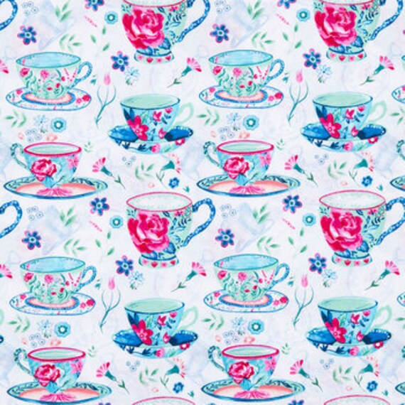 Floral Teacups Fabric Tea Time Fabric 100% Cotton - Etsy