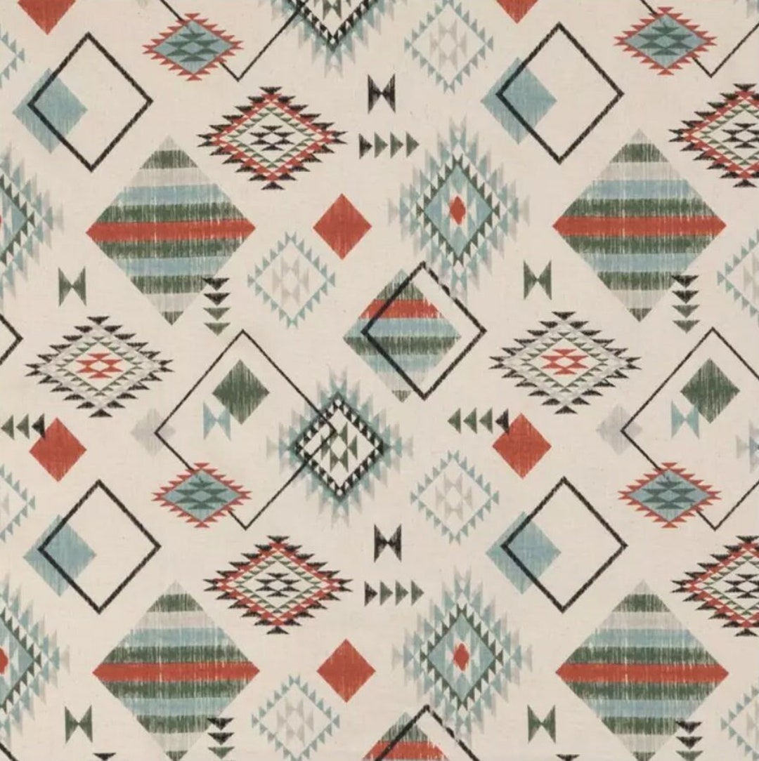 Geometric Fabric, Green, Rust & Blue Pattern, 100% Cotton Duck Cloth - Etsy