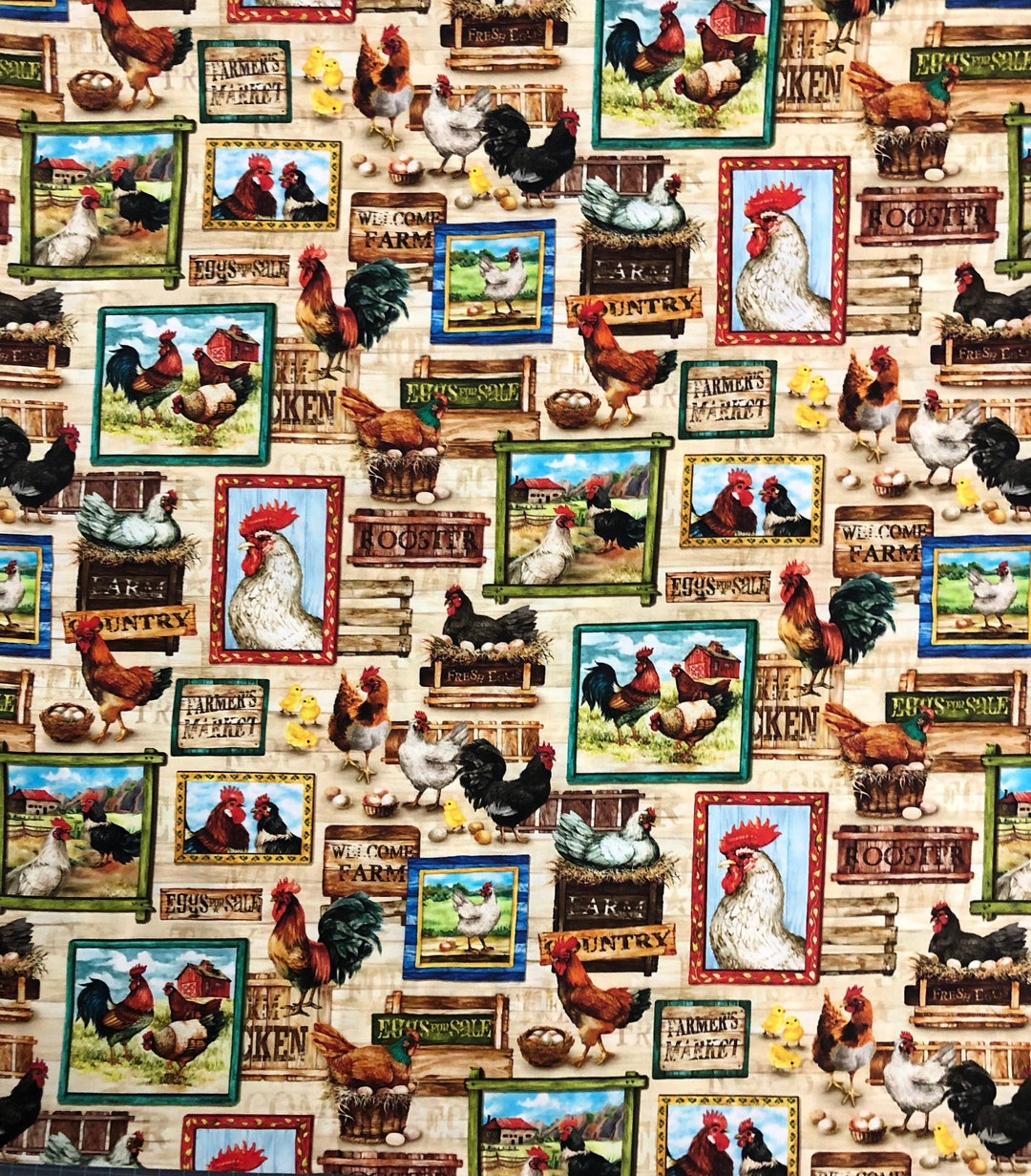 Portrait Roosters Fabric, Birds Style, 100% Cotton, Quilting Fabric ...