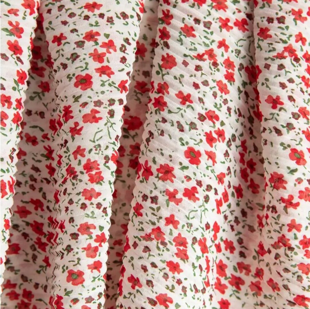 Red Floral Pleated Chiffon Fabric, Flowers Fabric, 100% Polyester ...