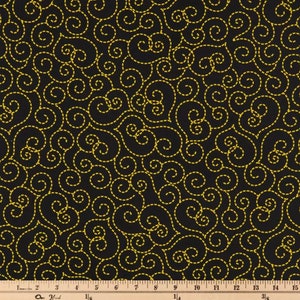 Black & Yellow Swirls Dotted Cotton Fabric, Quilting Apparel, Whirly ...