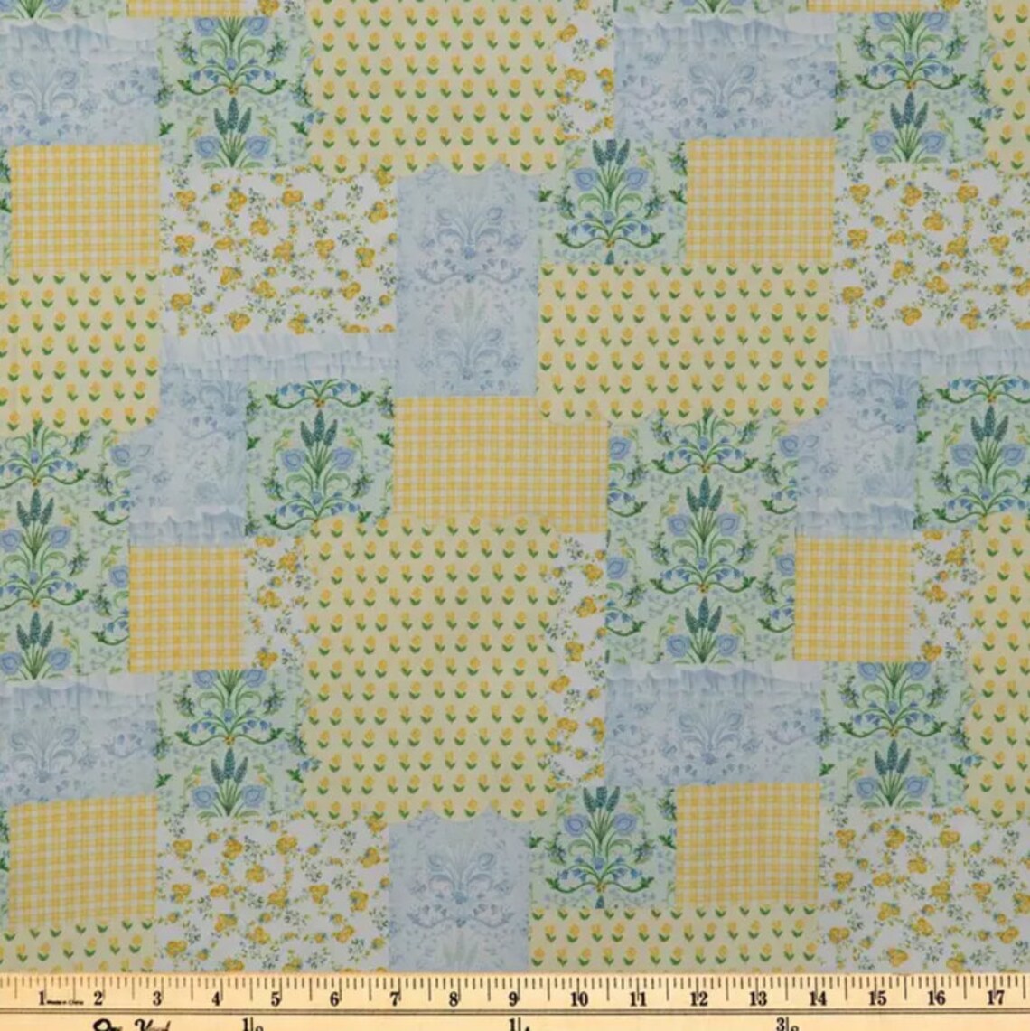 Yellow & Blue Floral Gingham Cotton Fabric, Patchwork Style - Etsy
