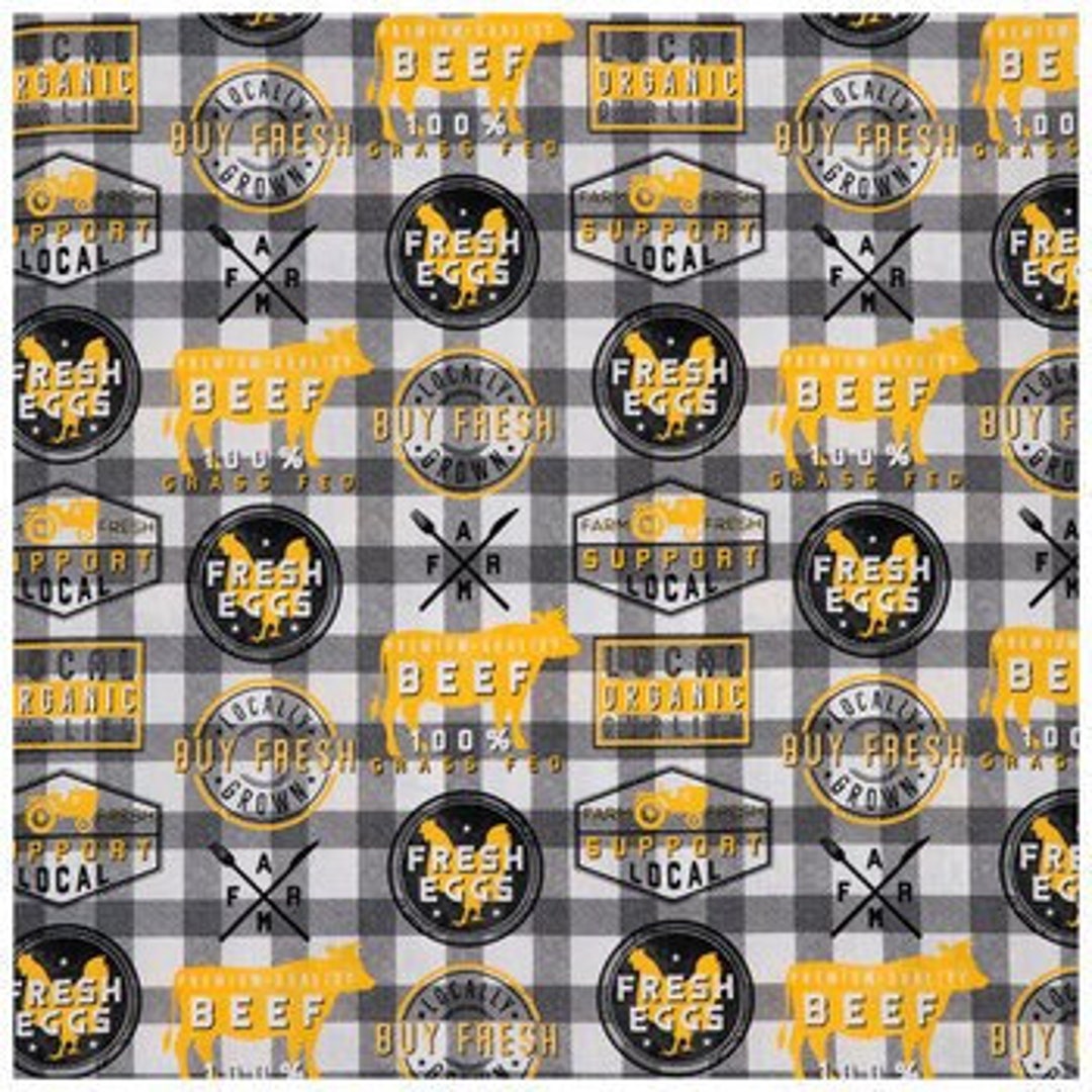 Farm Check Fabric, Cows & Chickens, 100% Cotton, Quilting Fabric ...