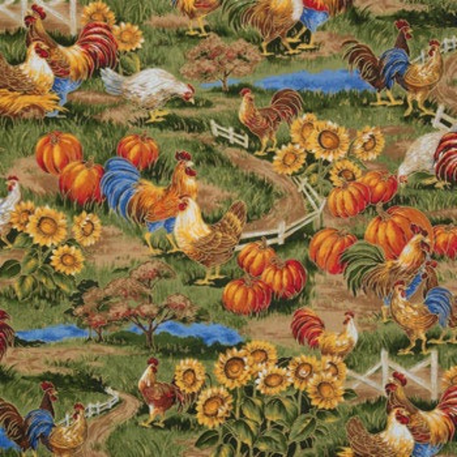 Farm Scenic Cotton Calico Roosters Fabric 100% Cotton - Etsy