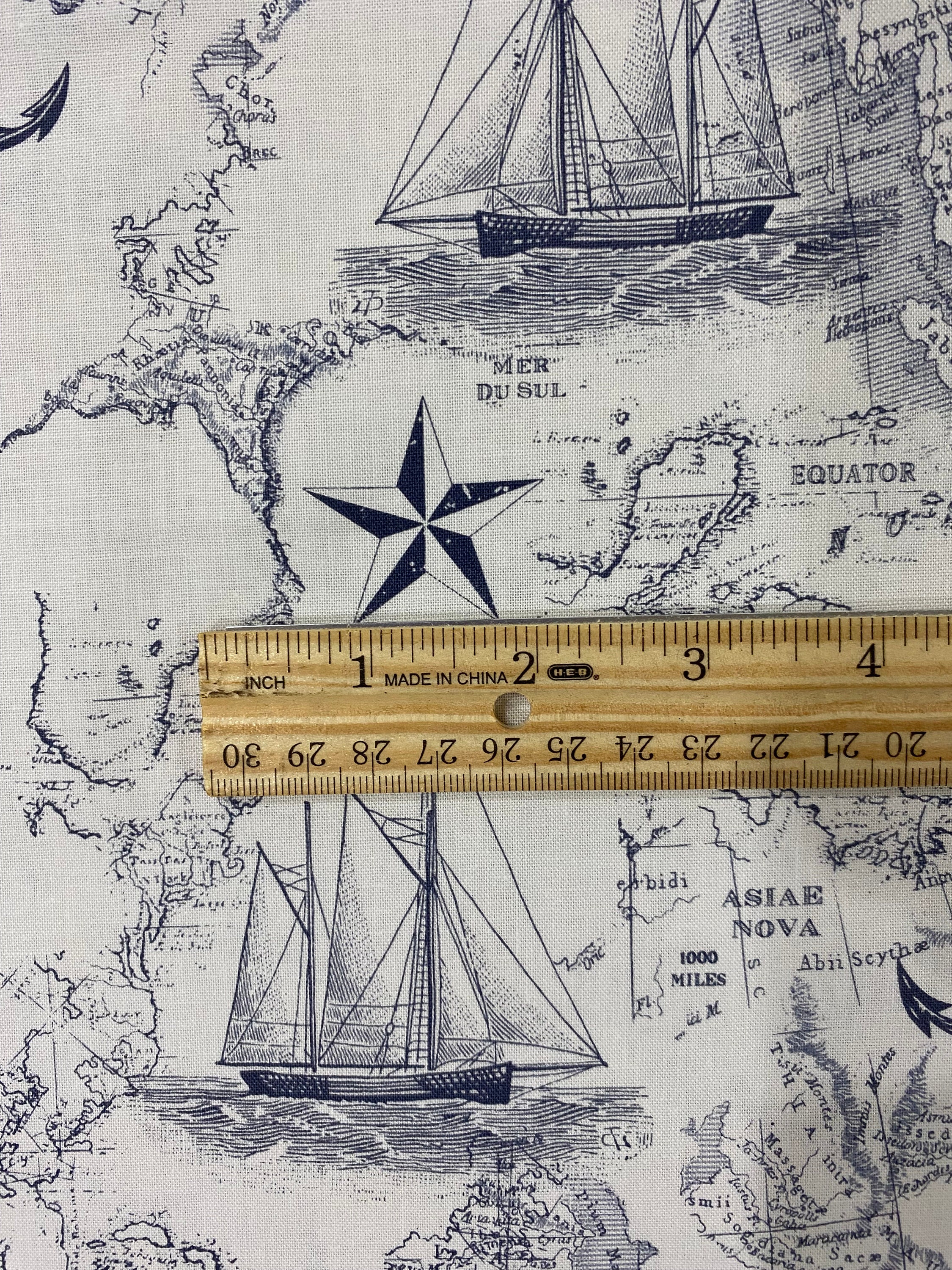 White & Navy Nautical Map Fabric, Old World Map Fabric, 100% Cotton ...