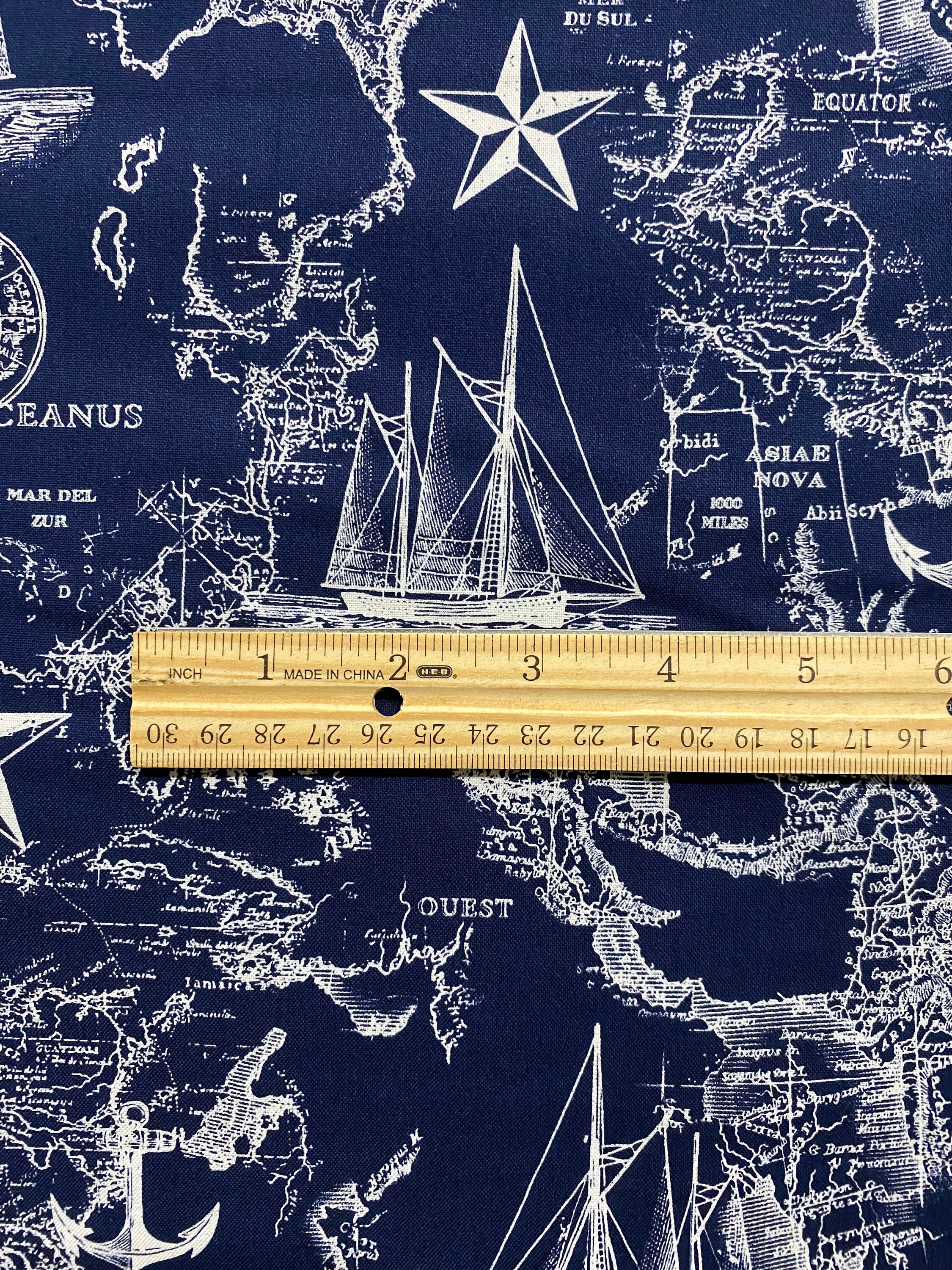 Navy Nautical Map Cotton Cotton Calico Fabric, Ships & Anchors ...
