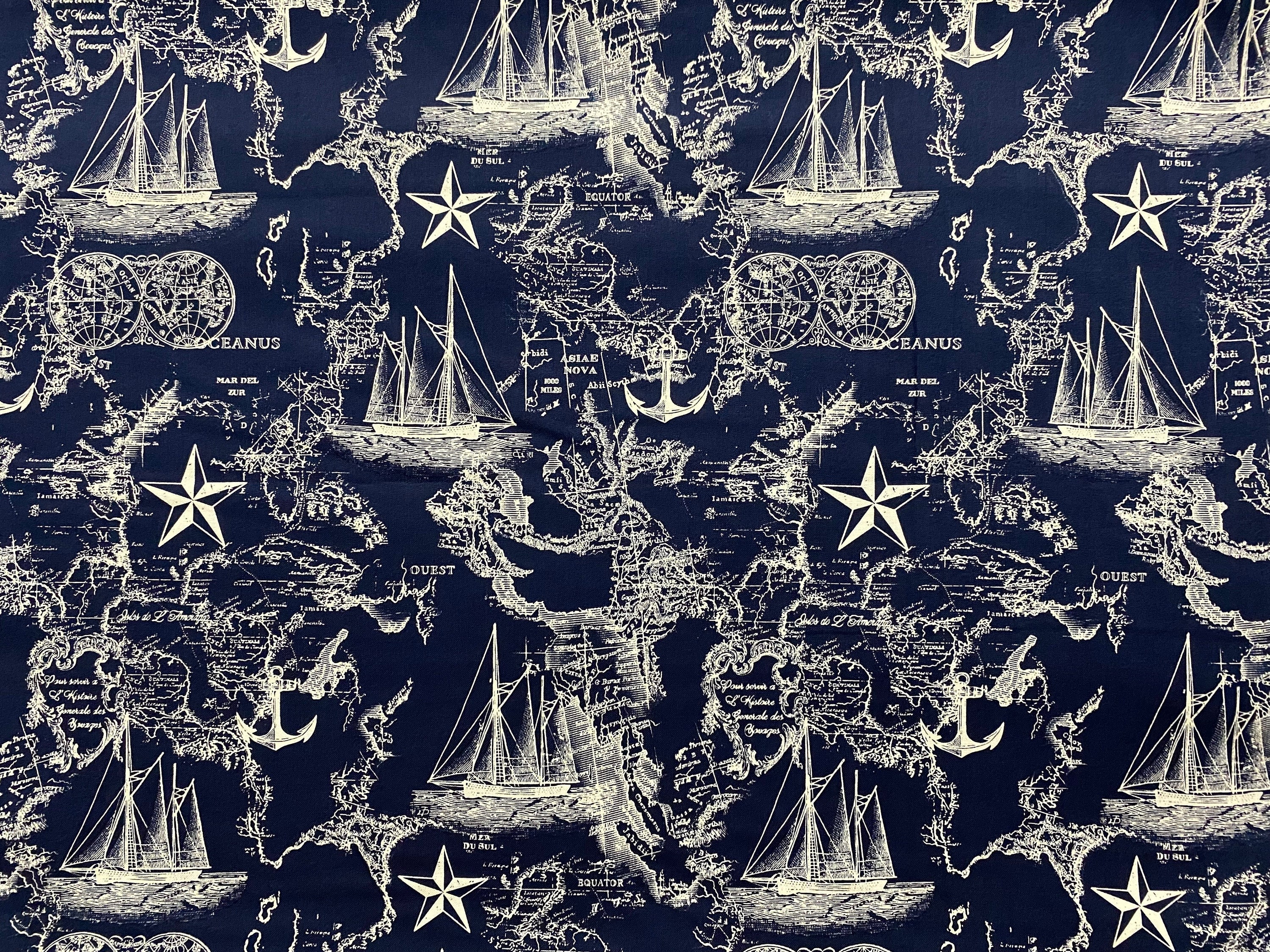 Navy Nautical Map Cotton Cotton Calico Fabric, Ships & Anchors ...