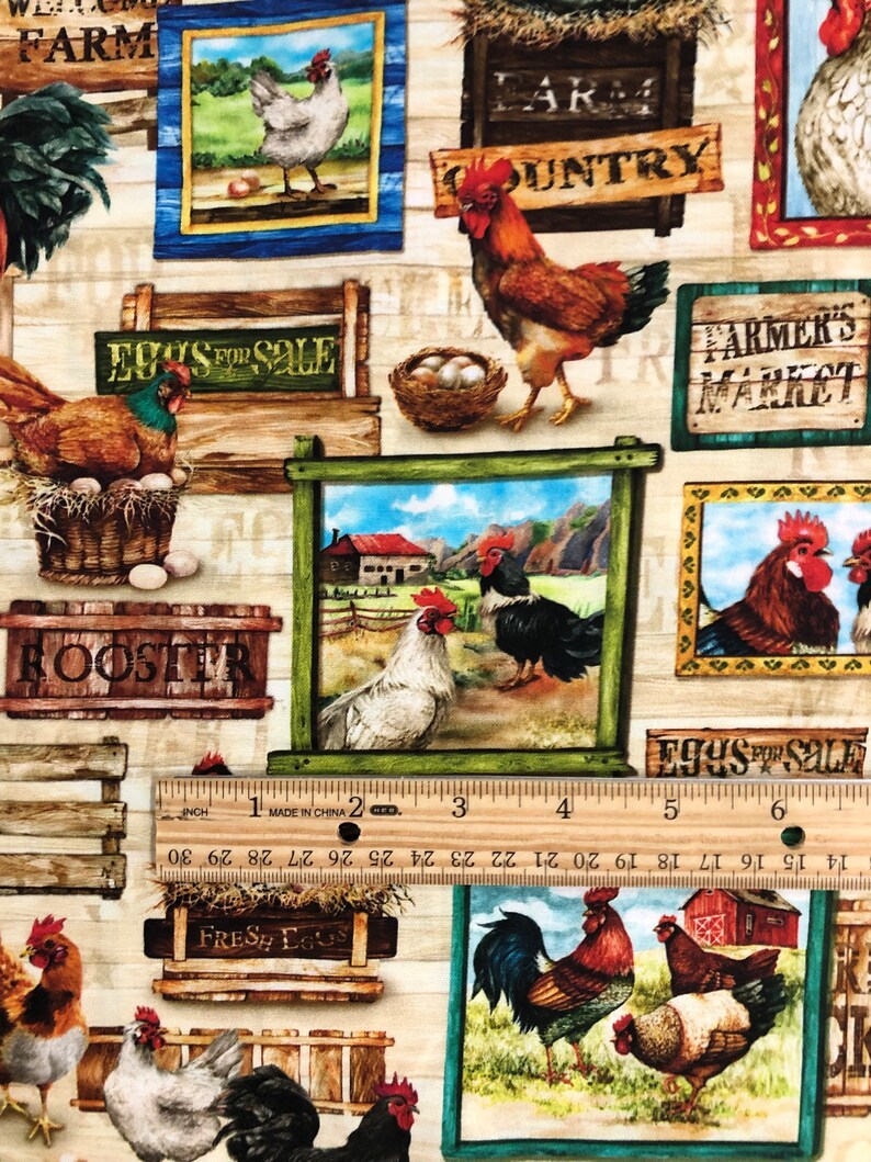 Portrait Roosters Fabric, Birds Style, 100% Cotton, Quilting Fabric ...