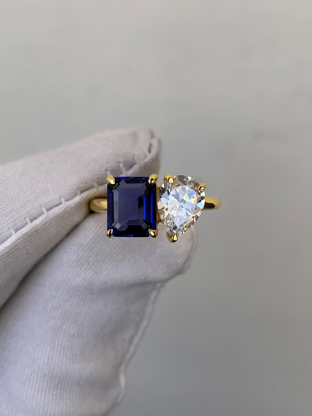 14k Solid Gold Sapphire Ring, Sapphire & Moissanite Ring, Toi Et Moi ...