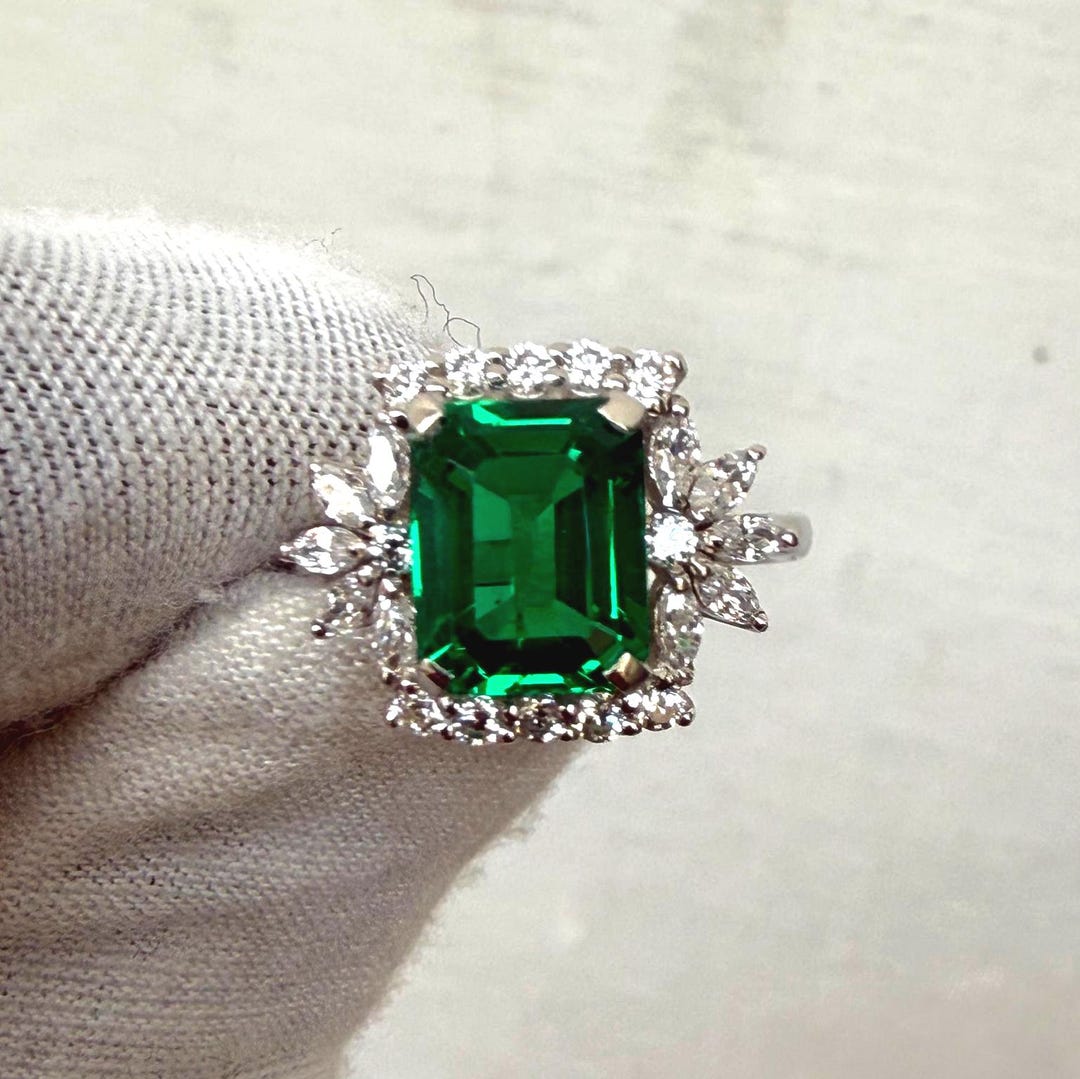 Green Emerald Engagement Ring, 14k Gold Emerald Wedding Ring, Vintage ...