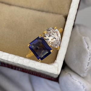 14k Solid Gold Sapphire Ring, Sapphire & Moissanite Ring, Toi Et Moi ...