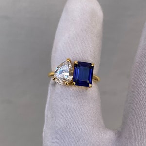 14k Solid Gold Sapphire Ring, Sapphire & Moissanite Ring, Toi Et Moi ...