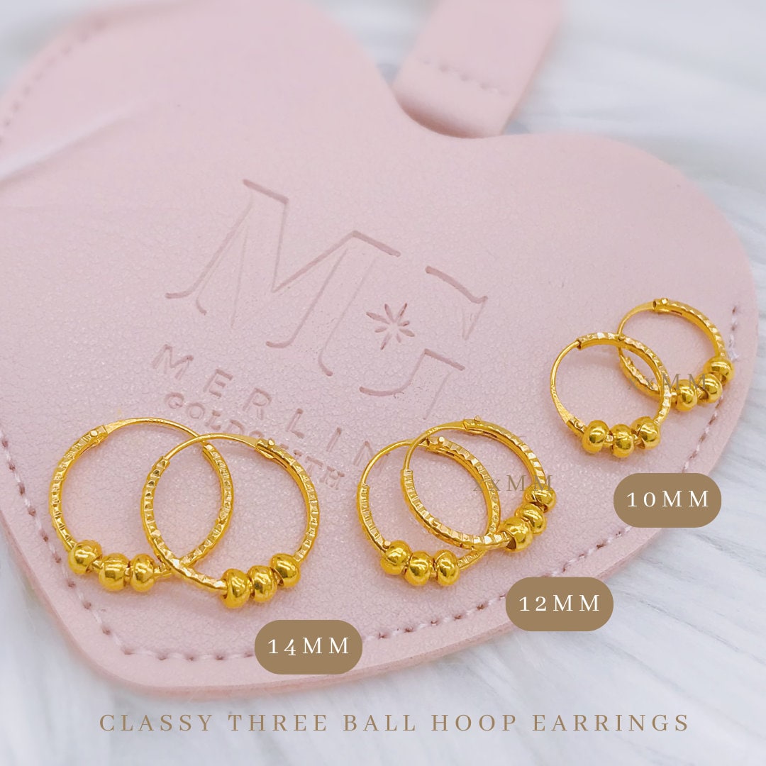 22k 916 Gold Classy Three Ball Hoop Earrings (10mm, 12mm, 14mm) - Etsy