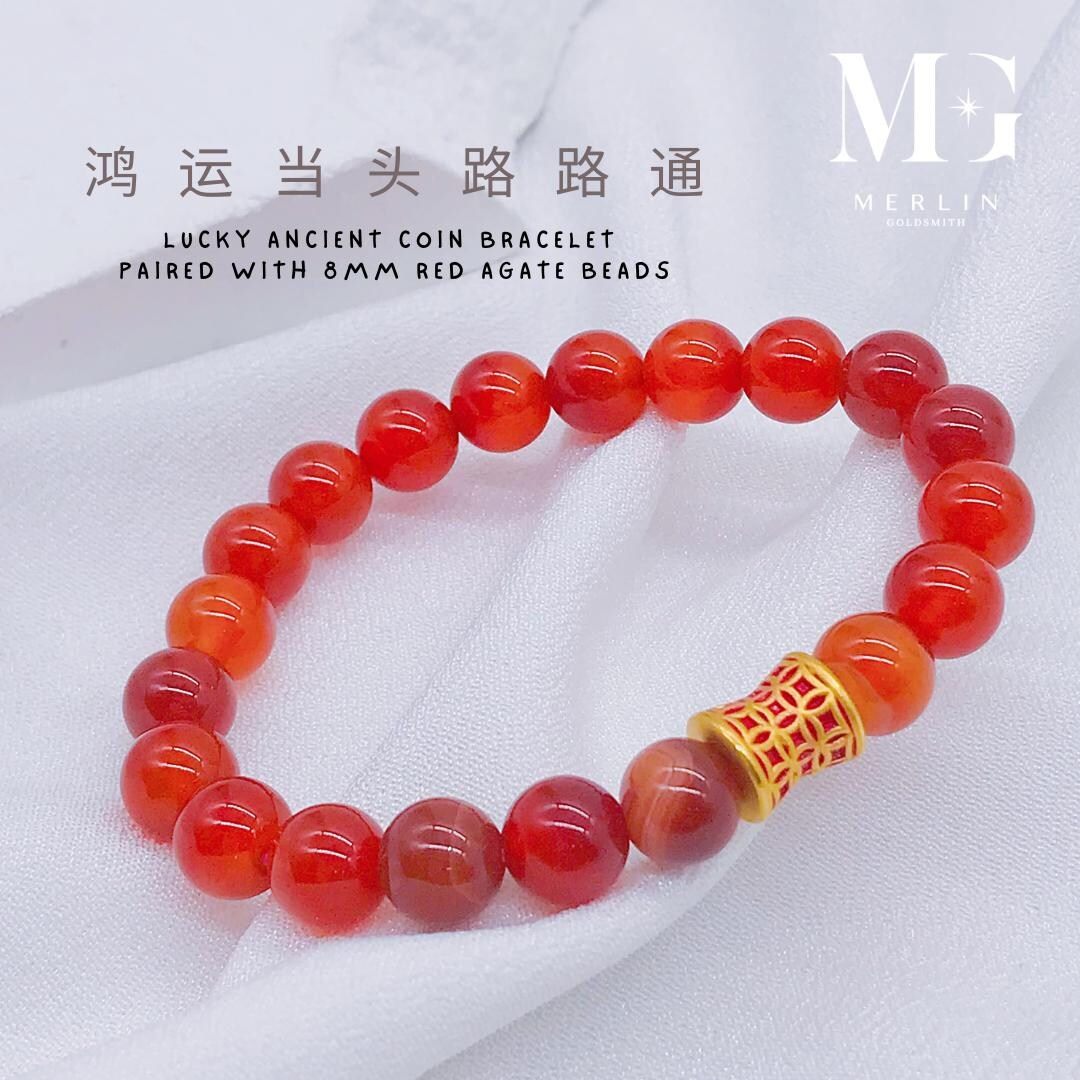 24k 999 Pure Gold Lucky Ancient Coin Paired With 8mm Red Agate Beads ...