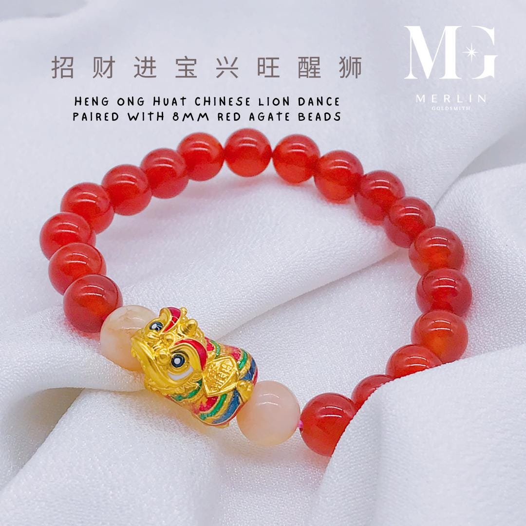 24k 999 Pure Gold Heng Ong Huat Chinese Lion Dance Paired With 8mm Red ...