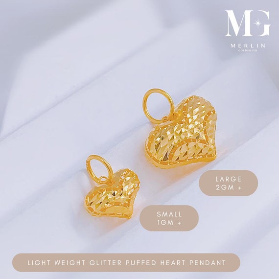 22k 916 Gold Light Weight Glitter Puffed Heart Pendant small Large Etsy