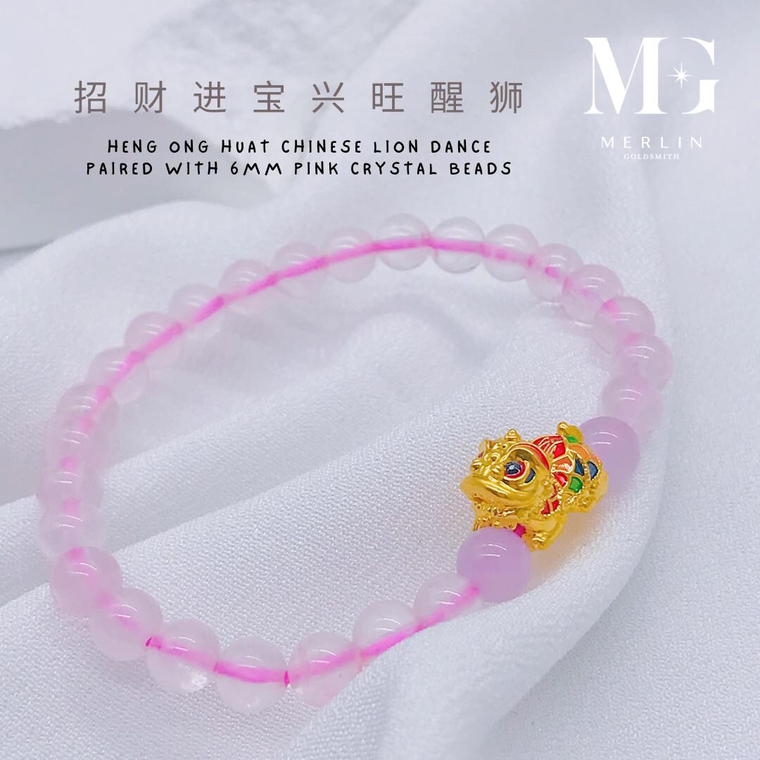 24k 999 Pure Gold Heng Ong Huat Chinese Lion Dance Paired With 6mm Pink ...