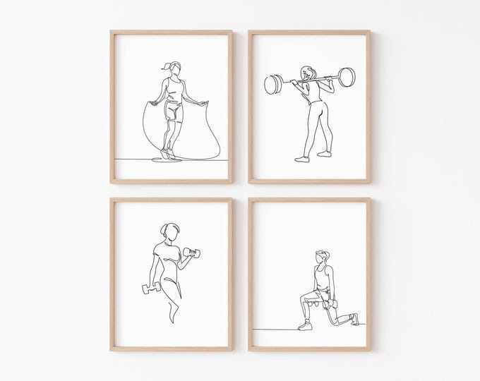 Set of 9 Fitness Gym Decor, One Line Wall Art Poster, Digital Print ...