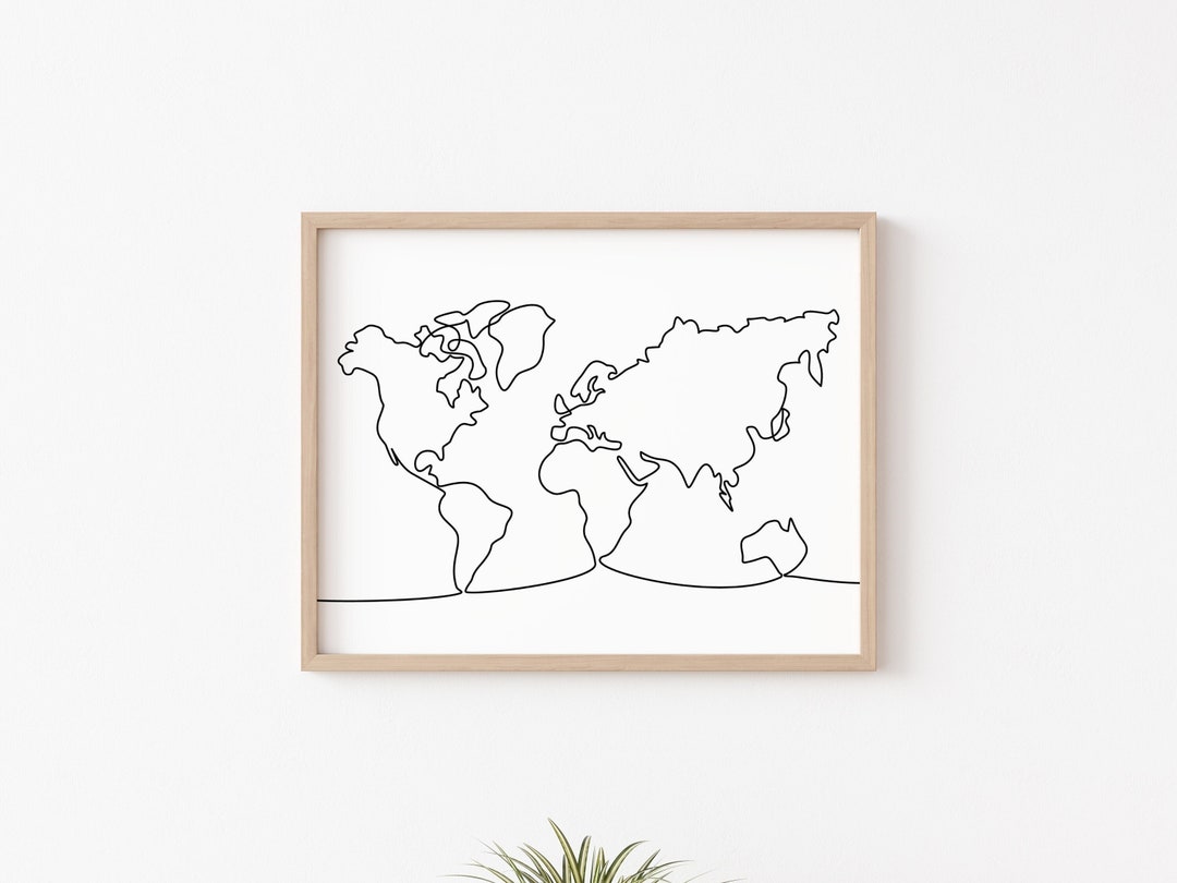 World Map One Line Drawing Wall Art - Etsy