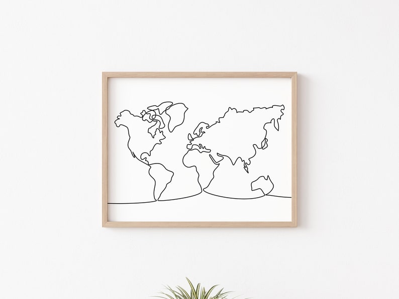 World Map One Line Drawing Wall Art - Etsy