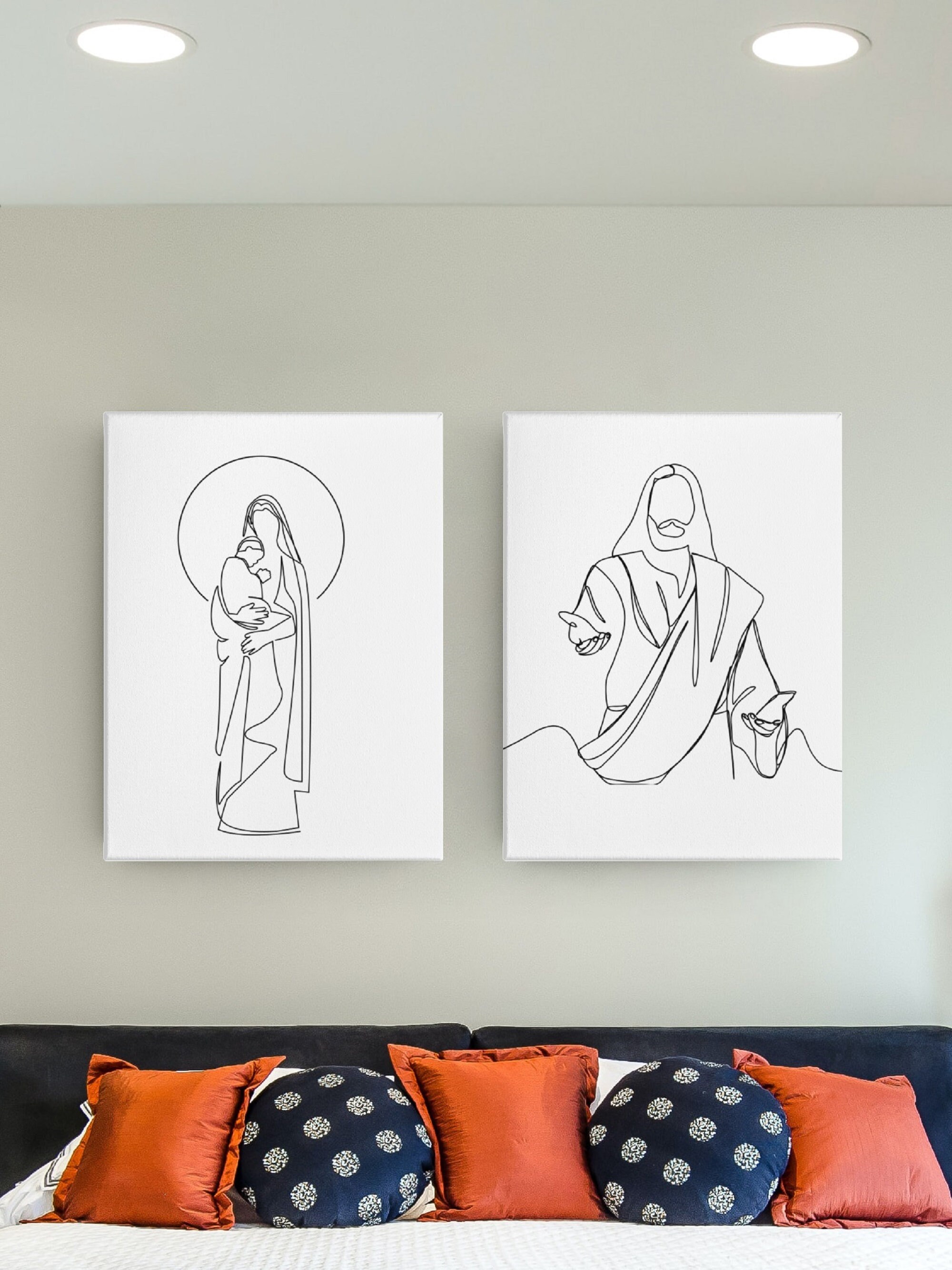 Set of 2 Jesus Virgin Mary LDS Christian Line Artwork Wall - Etsy