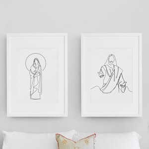 Set of 2 Jesus, Virgin Mary LDS Christian Line Artwork Wall Print - Etsy