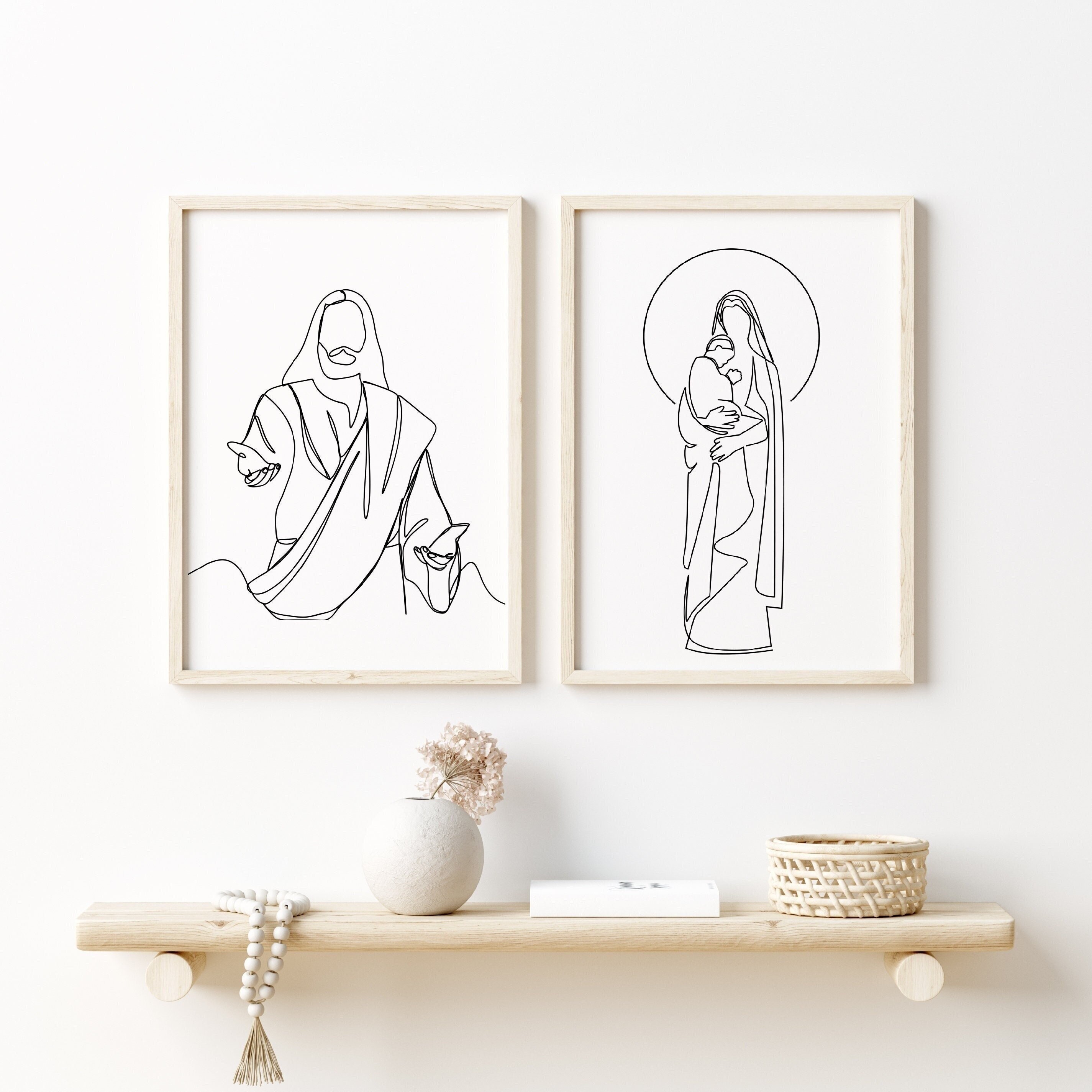 Set of 2 Jesus, Virgin Mary LDS Christian Line Artwork Wall Print - Etsy