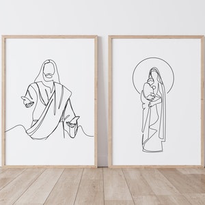 Set of 2 Jesus, Virgin Mary LDS Christian Line Artwork Wall Print - Etsy
