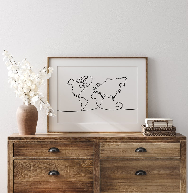 World Map One Line Drawing Wall Art - Etsy