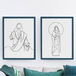 Set of 2 Jesus, Virgin Mary LDS Christian Line Artwork Wall Print - Etsy