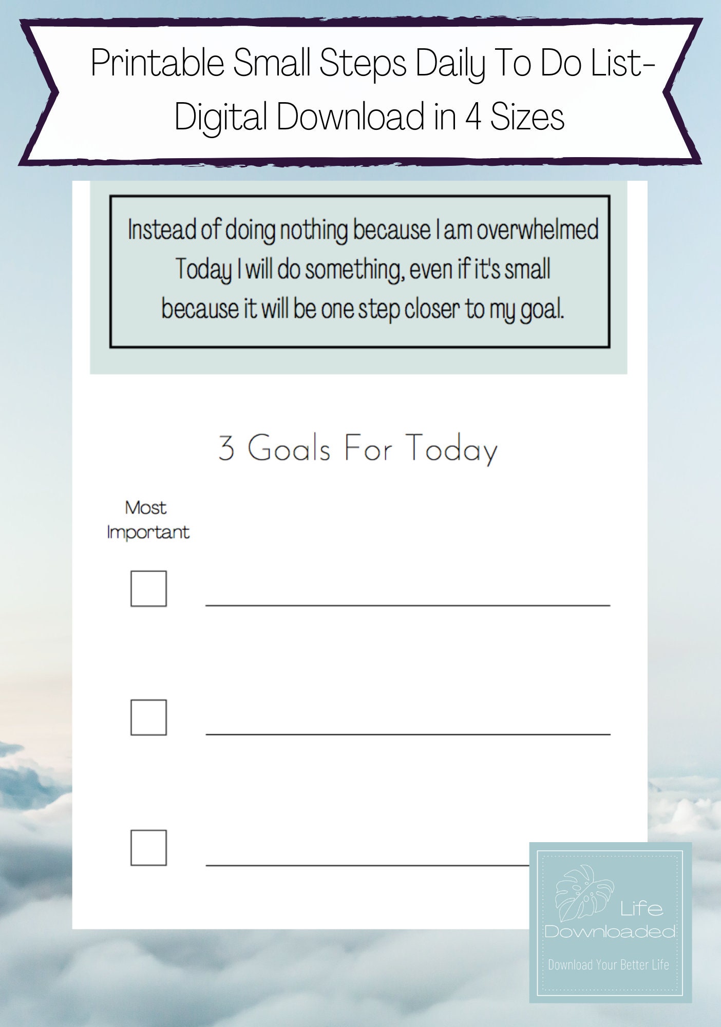 Printable 3 Daily Goals Simple to Do List With Motivational Quote L ...