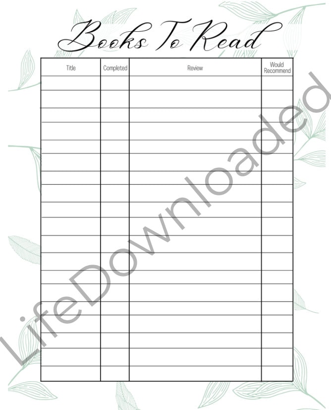 Printable Book Reading List Template L Editable L Instant Digital ...
